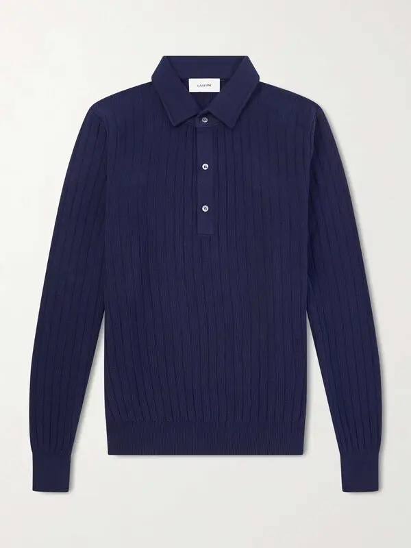 LARDINI Ribbed Cotton Polo Shirt - Navy