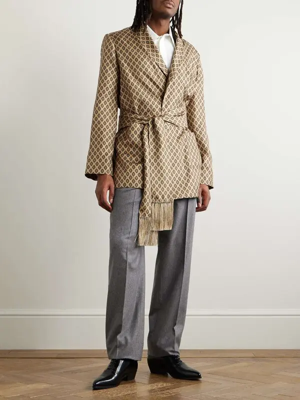 Celine Belted Printed Silk-twill Jacket With Fringes