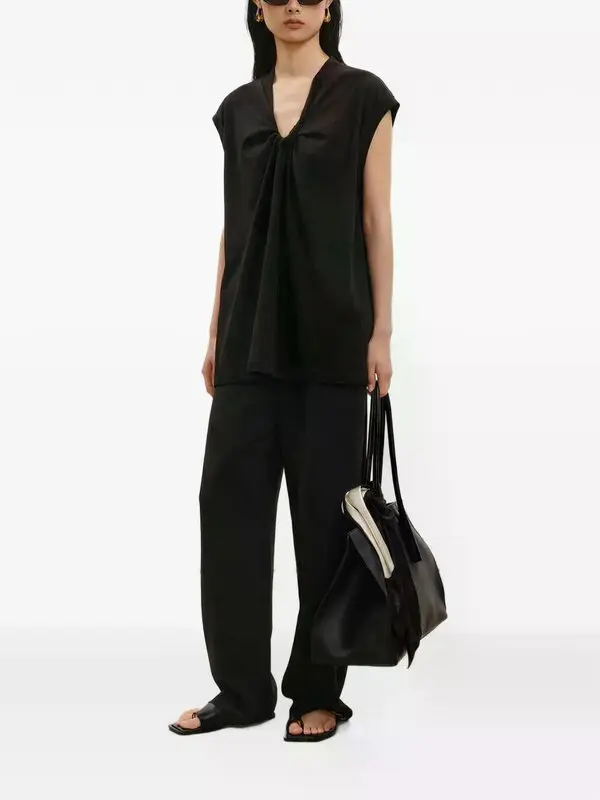 LESS Bowknot Pleated Sleeve T-shirt - Black