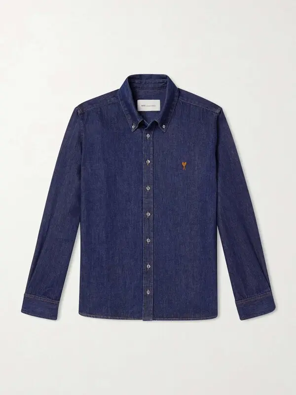 Ami Button-down Collar Logo-embroidered Denim Shirt - Indigo