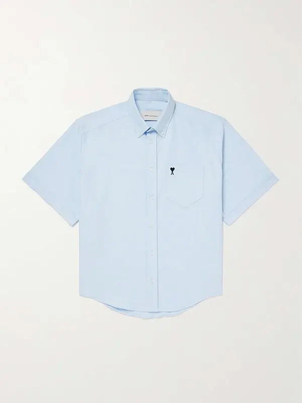 Ami Button-down Collar Logo-embroidered Cotton Shirt - Blue