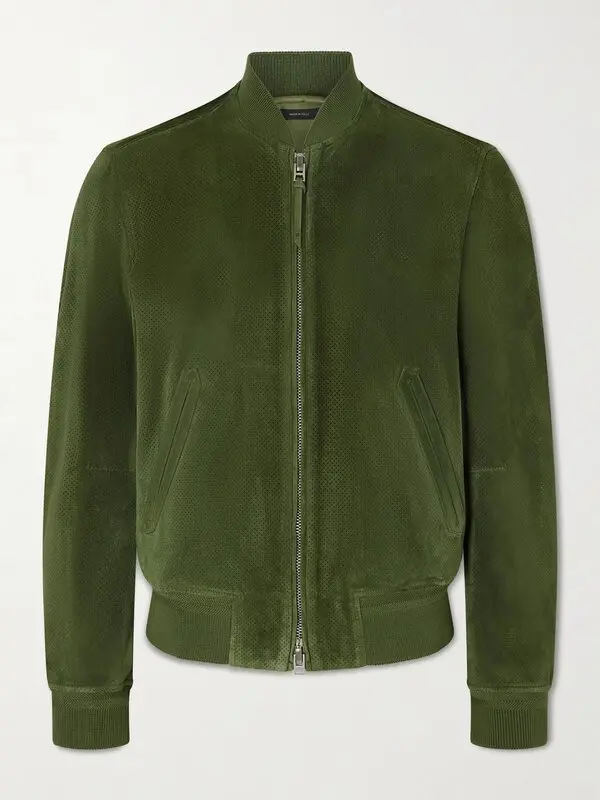 TOM FORD Perforated Suede Bomber Jacket - Green