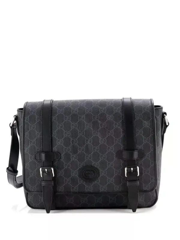 Gucci Interlocking G Patch Messenger Bag Gg Coated Canvas With Leather Medium Crossbody Bag - Black