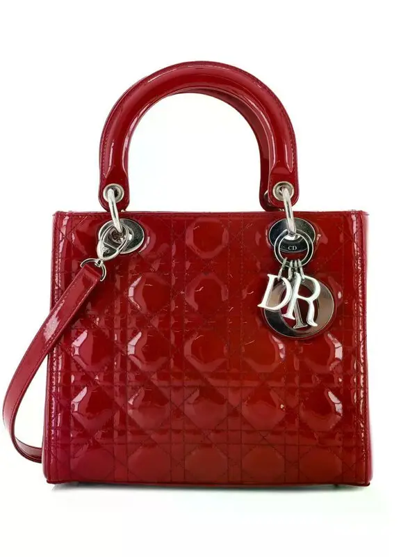Dior Lady Medium Satchel Cannage Quilt Patent - Red