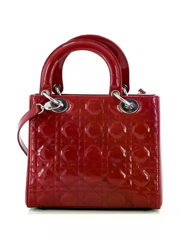Dior Lady Medium Satchel Cannage Quilt Patent - Red