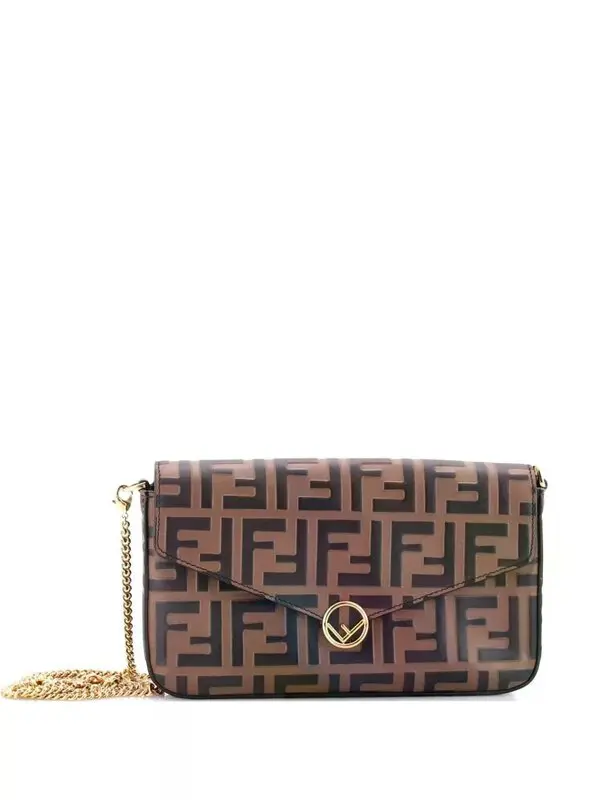 Fendi F Is Envelope On Chain Zucca Embossed Leather Clutch Bag - Brown