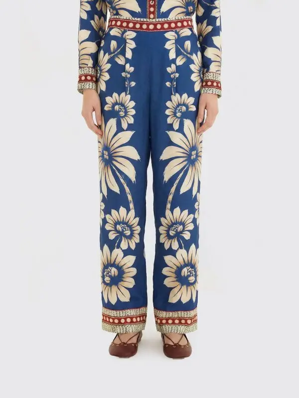 Farm Rio Luna Floral Print Linen Blend Palazzo Trousers - Blue