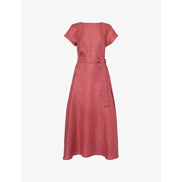 Max Mara Round Neck Flared Linen Midi Dres - 034 Cherry