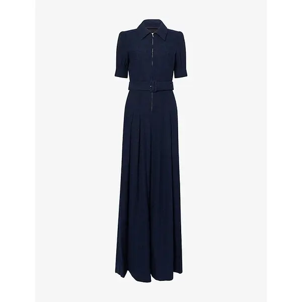 ME+EM Textured Belted Wide-leg Woven Jumpsuit - Navy