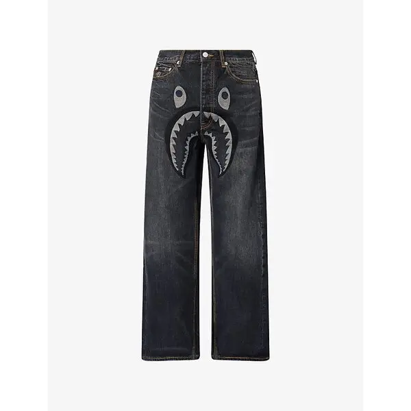 A BATHING APE Shark Embroidered Relaxed-fit Denim Jeans - Indigo