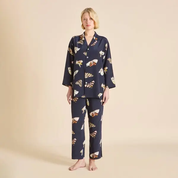 Olivia Von Halle Casablanca Notte Navy Moth Pajamas - Navy Blue