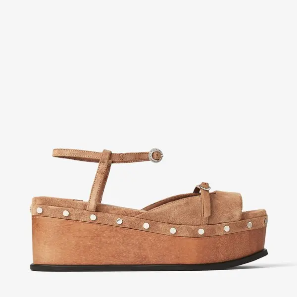 JIMMY CHOO Kata 60 Velvet Suede Sandal Wedges - Toffee