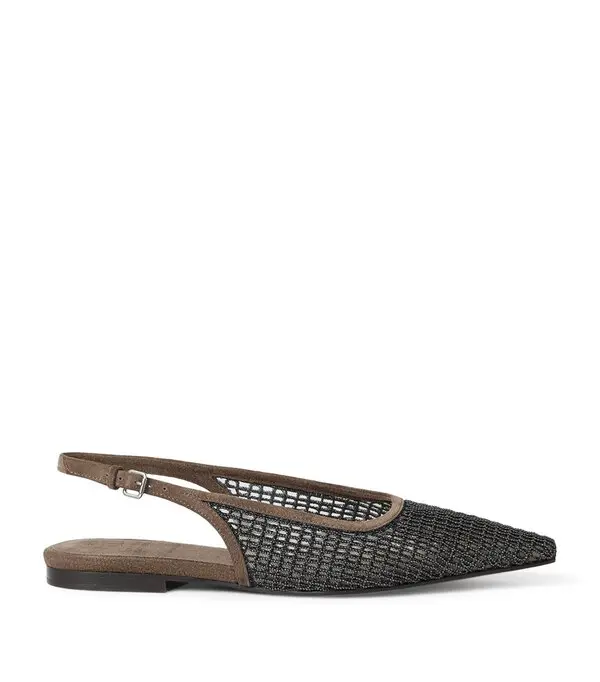Brunello Cucinelli Suede Embroidered Slingback Flats - Brown