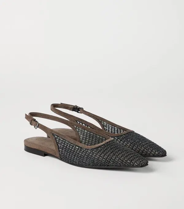Brunello Cucinelli Suede Embroidered Slingback Flats