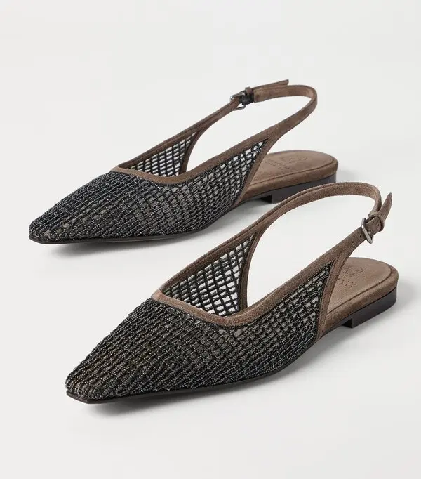 Brunello Cucinelli Suede Embroidered Slingback Flats