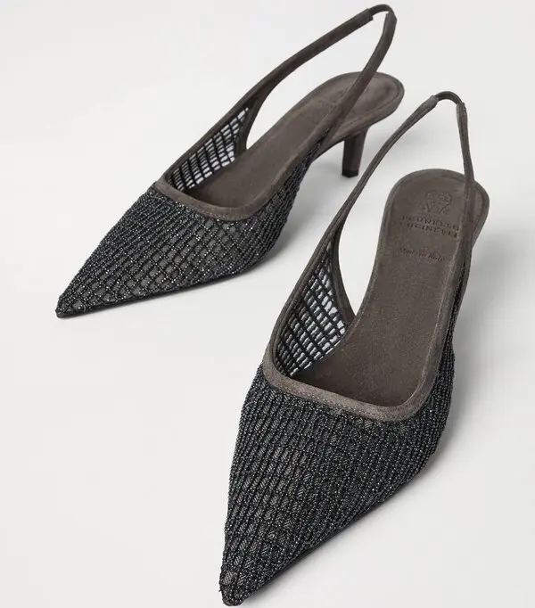 Brunello Cucinelli Suede Monili-embroidered Slingback Pumps - Brown