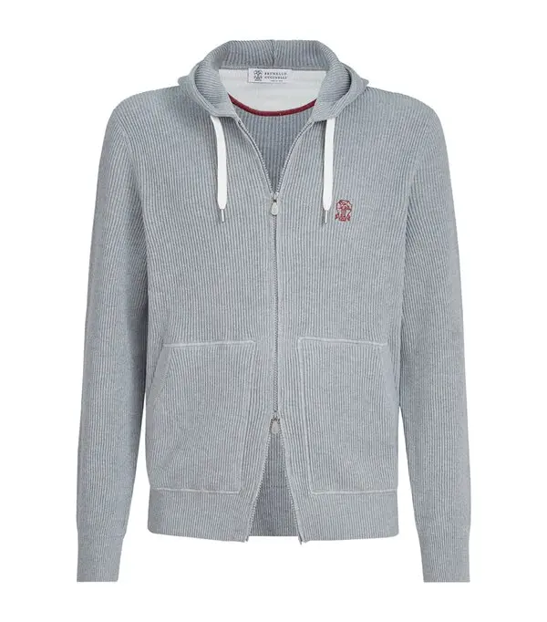 Brunello Cucinelli Cotton Ribbed Zip-up Hoodie - Grey