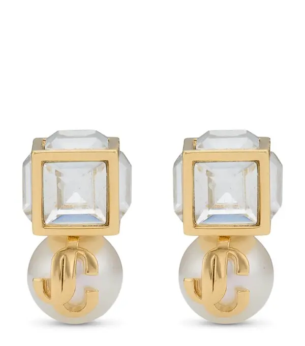 JIMMY CHOO Faux Pearl Cube Logo Earrings - Gold