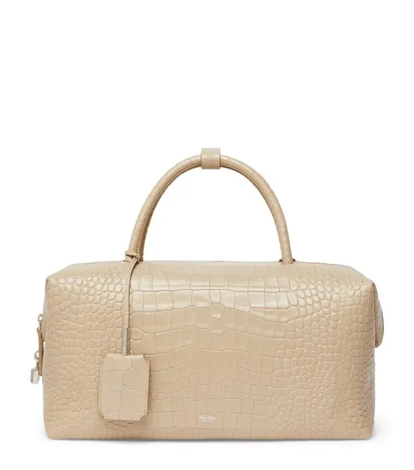 Max Mara Large Leather Croc-embossed Boston Bowler Bag - White