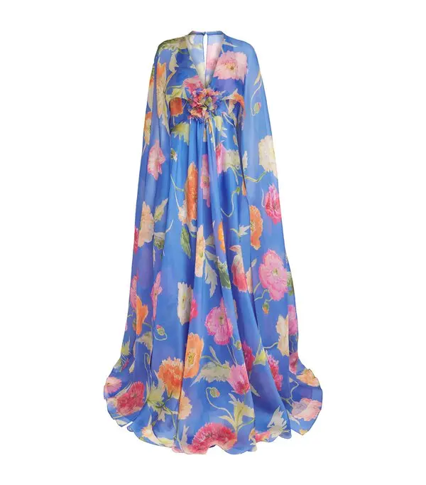 Carolina Herrera Silk Organza Floral Cape Gown - Blue