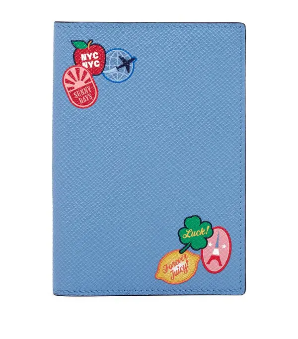 Smythson Panama Leather Stickers Passport Cover - Blue