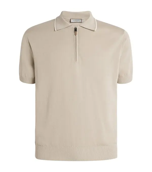 Canali Cotton Zipped Polo Shirt - Beige