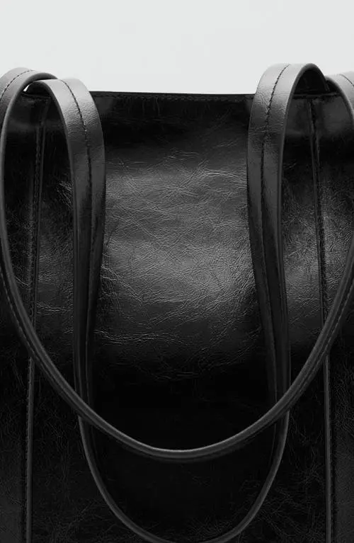 Mango Leather Shopper - Black