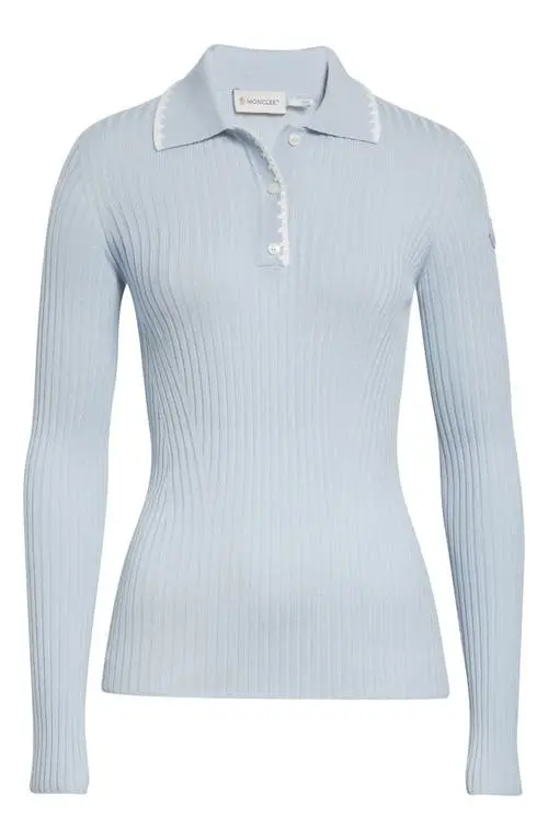 Moncler Long Sleeve Virgin Wool Polo - Light Blue