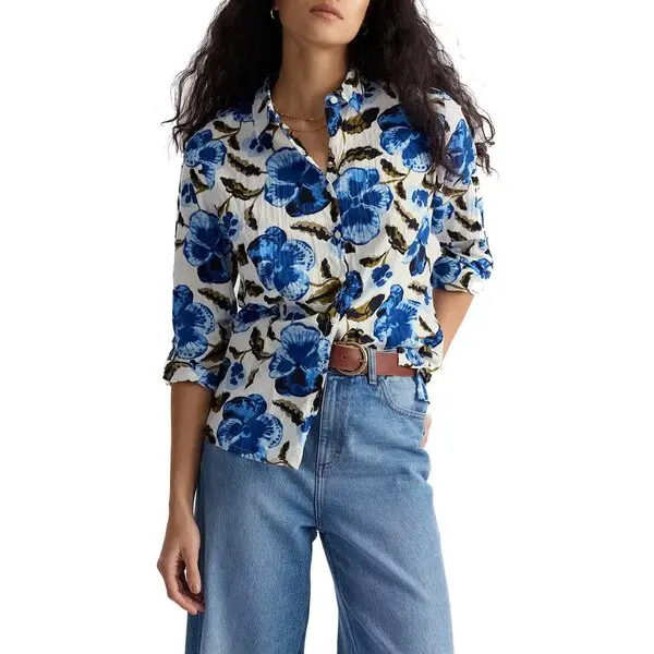 SEASALT CORNWALL Larissa Crinkled Floral Organic Cotton Button-up Shirt - Spring Pansy Chalk