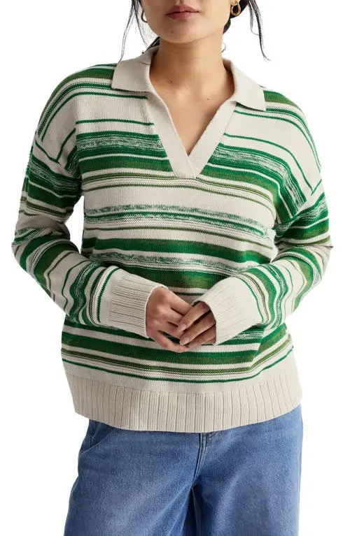 SEASALT CORNWALL Bird Flight Stripe Organic Cotton Johnny Collar Sweater - Corula Chalk Bright Green