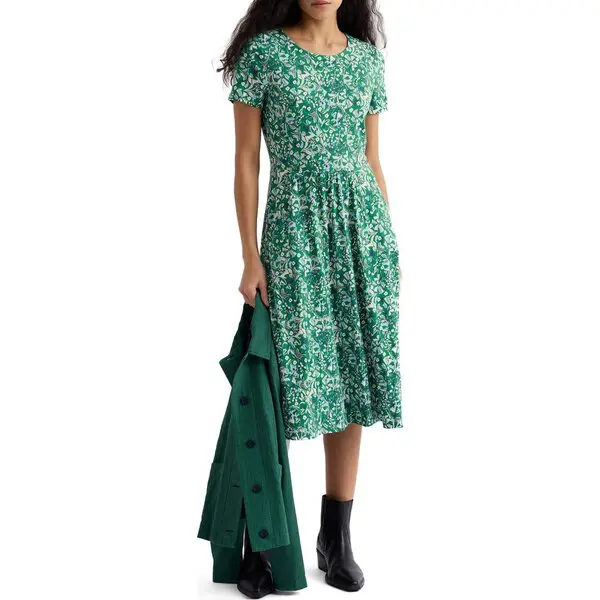 SEASALT CORNWALL April Floral Stretch Organic Cotton Midi Dress - Woodland Floral Dark Stem