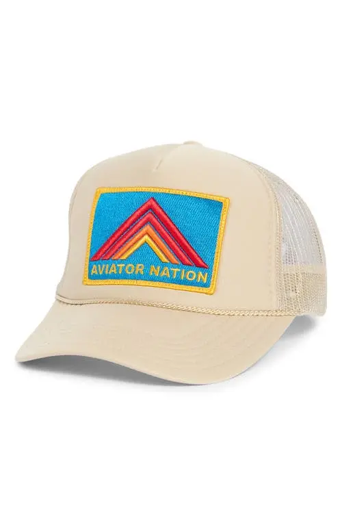 Aviator Nation Mountain Stripe Logo Embroidered Snapback Trucker Hat - Khaki