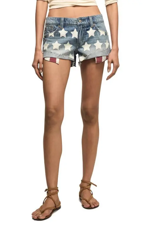 Lucky Brand Festival Star Print Denim Cutoff Shorts - New Americana Wash