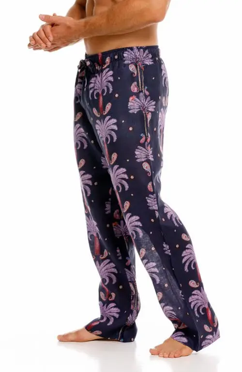 THE LAZY POET Drew Riviera Palms Print Linen Pajama Pants - Blue
