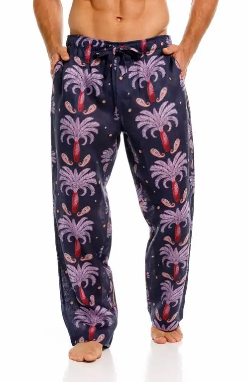 THE LAZY POET Drew Riviera Palms Print Linen Pajama Pants - Blue
