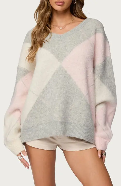 EDIKTED Elda Argyle Oversize Sweater - Light-gray-melange