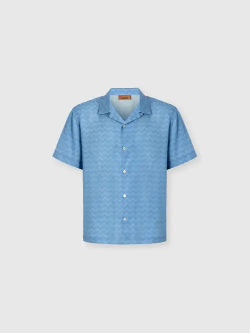 UM Bowling Shirt In Viscose With Tone-on-tone Zigzag Print - Light Blue