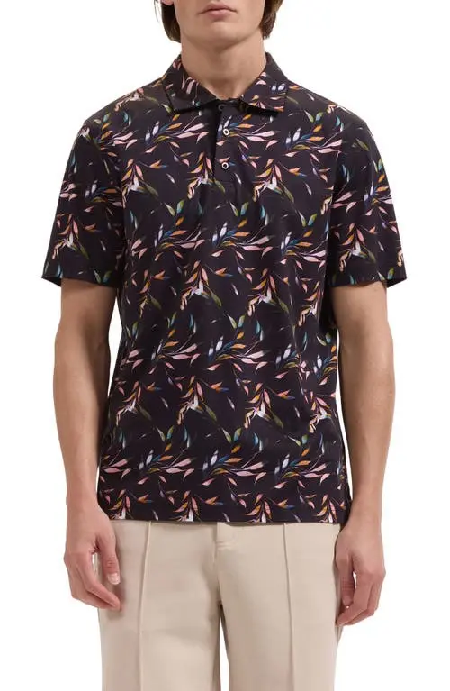 Bugatchi Hendrix Leaf Print Pima Cotton Polo - Black