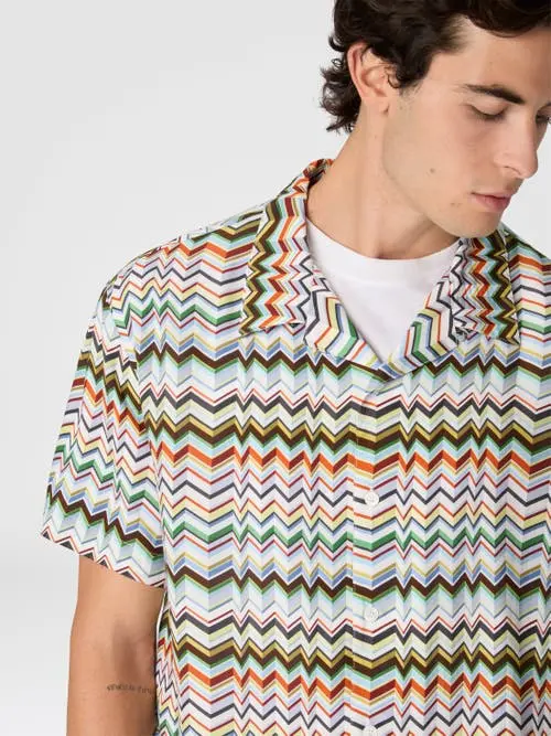 UM Bowling Shirt In Viscose With Irregular Zigzag Print - Brown Multi