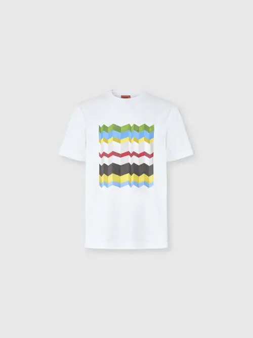 UM Crew-neck Cotton T-shirt With Macro Zigzag Print - White & Multicoloured