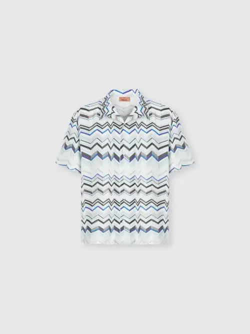UM Bowling Shirt In Viscose With Zigzag Print - Light Blue
