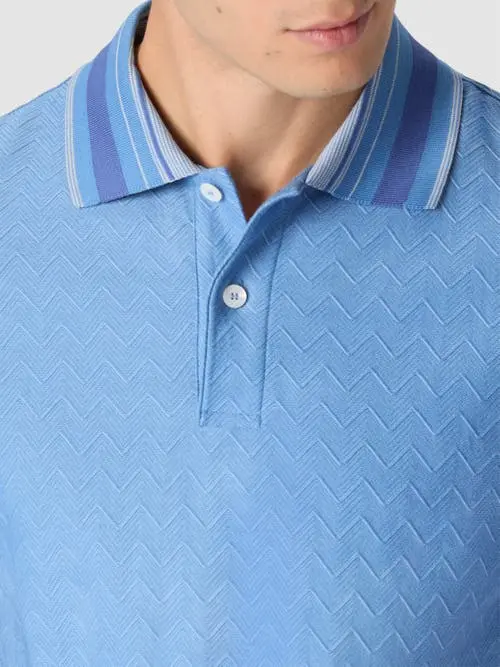 UM Jacquard Cotton Polo Shirt With Tone-on-tone Zigzag Design - Light Blue