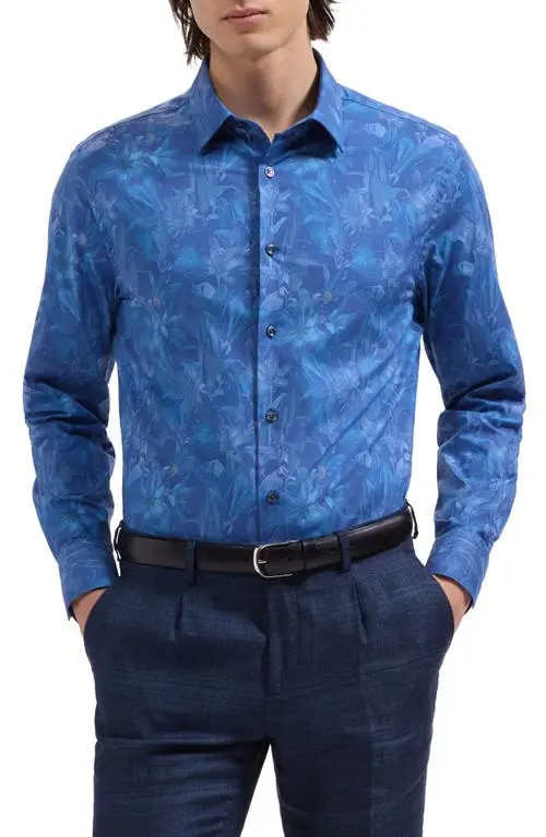 Bugatchi Julian Shaped Fit Floral Stretch Cotton Button-up Shirt - Classic Blue