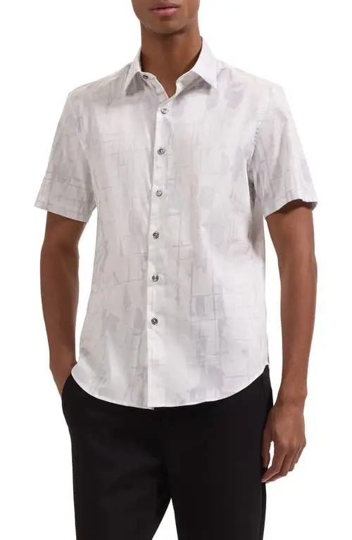 Bugatchi Orson Shaped Fit Short Sleeve Stretch Cotton Button-up Shirt - Platinum