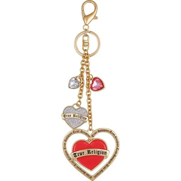 True Religion Triple Heart Logo Keychain - Gold Tone