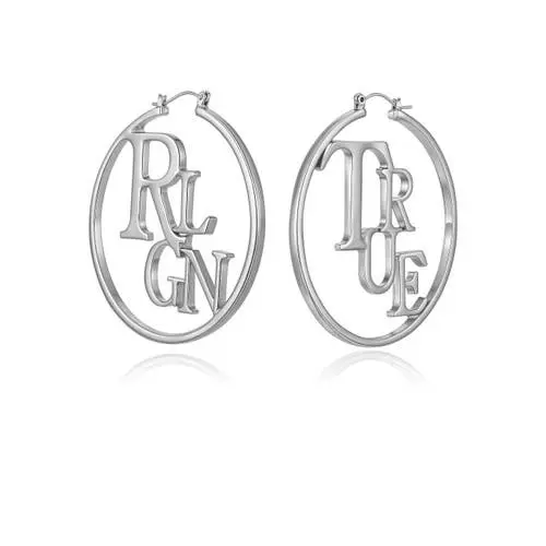 True Religion Truerlgn Logo Hoop Earrings - Silver Tone