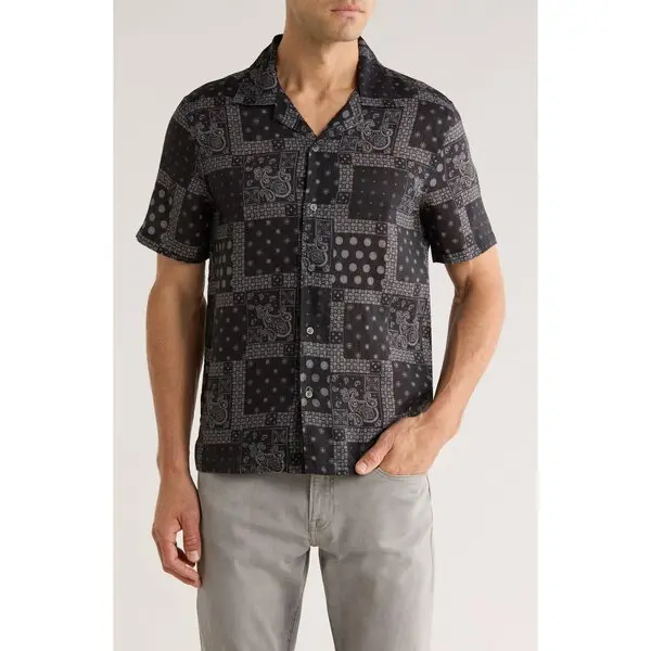 John Varvatos Dan Bandana Print Linen Camp Shirt - Black