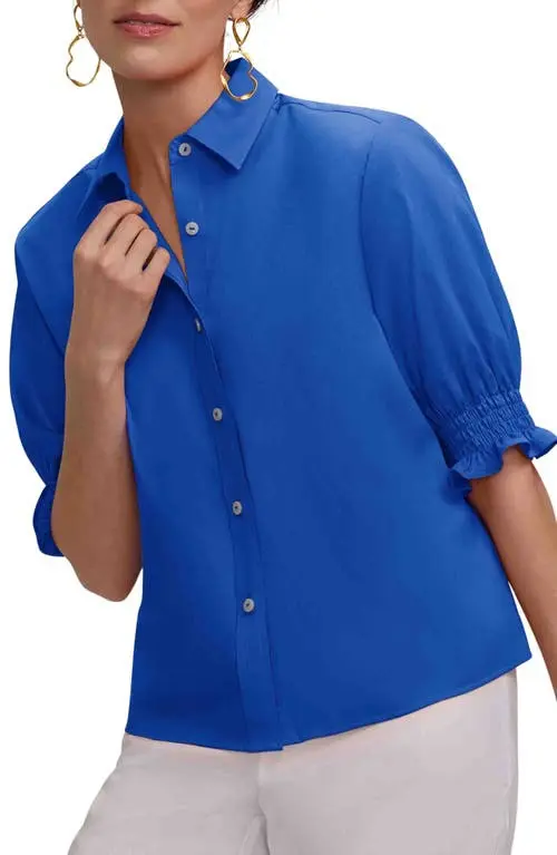 Foxcroft Vivienne Elbow Sleeve Matte Sateen Button-up Shirt - Deep Sea Blue