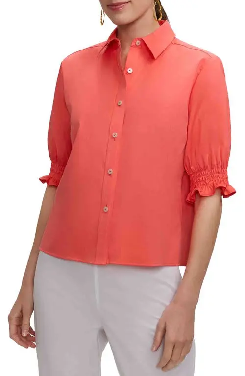 Foxcroft Vivienne Elbow Sleeve Matte Sateen Button-up Shirt - Georgia Peach Orange