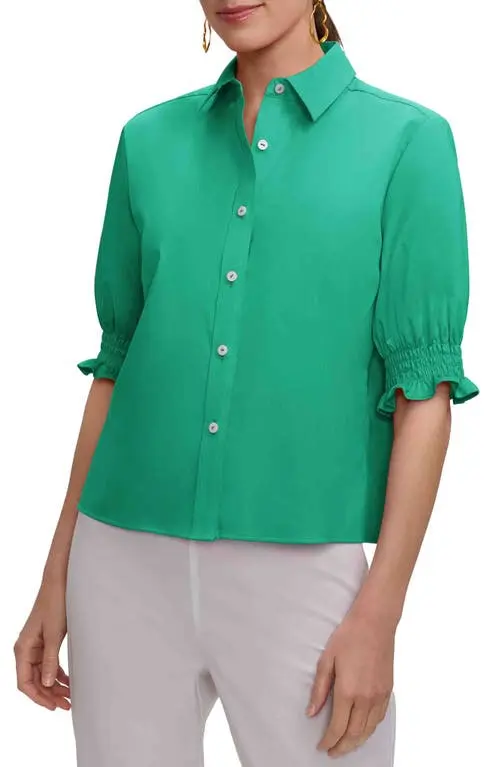 Foxcroft Vivienne Elbow Sleeve Matte Sateen Button-up Shirt - Kelly Green